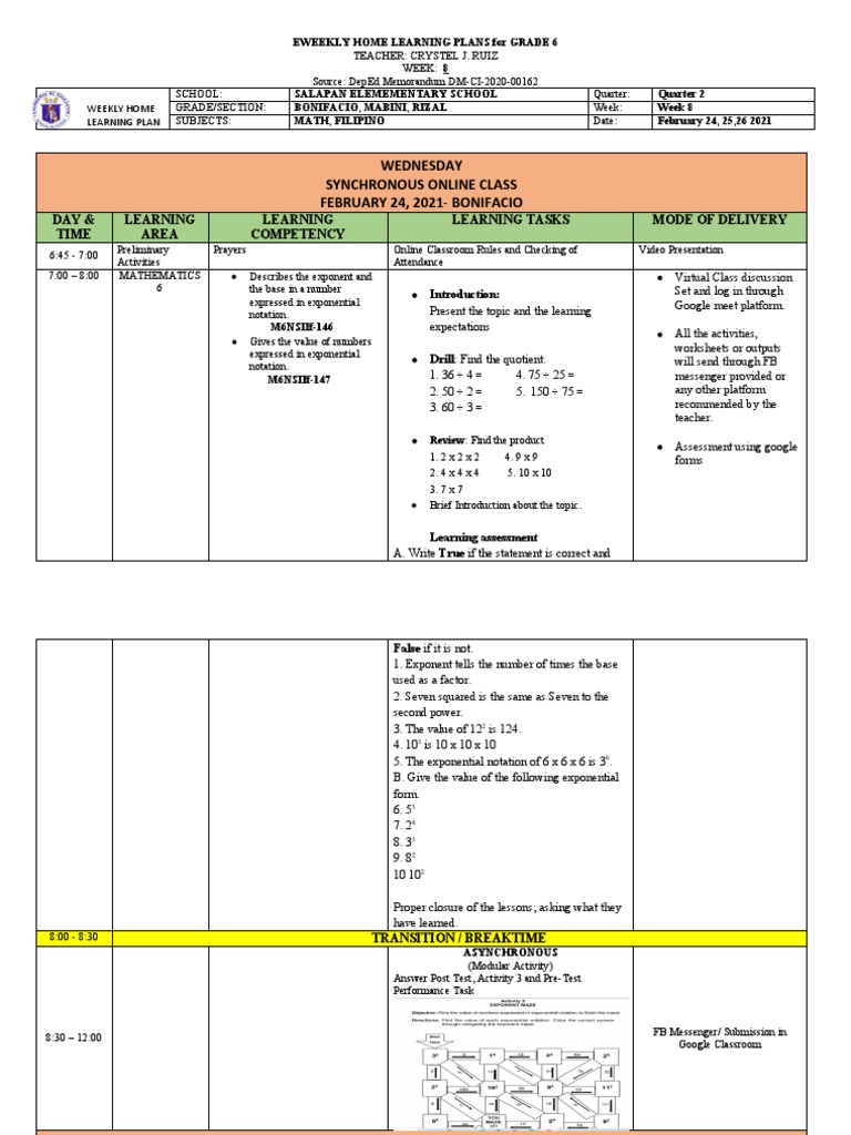Grade 6 Weekly Home Learning Plans | PDF | Teaching Mathematics