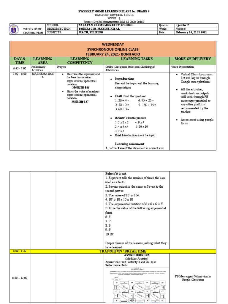 WHLP q2 Week4 Math&Filipino | PDF | Teaching Mathematics | Communication