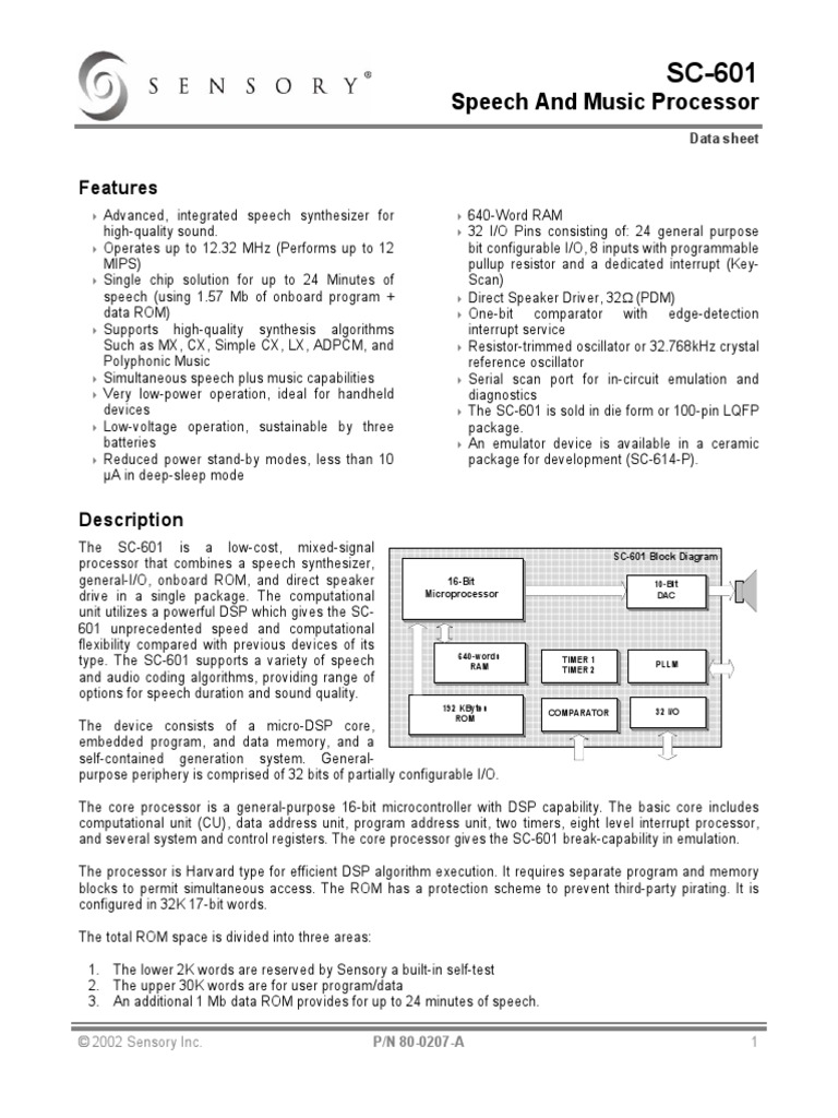 DataSheet - SC-601 Speech and Music Processor | PDF | Digital Signal ...