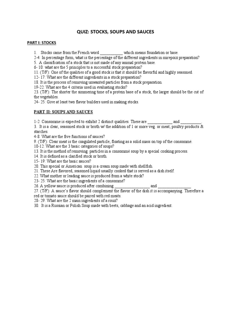 Quiz - Stocks, Soups and Sauces | PDF
