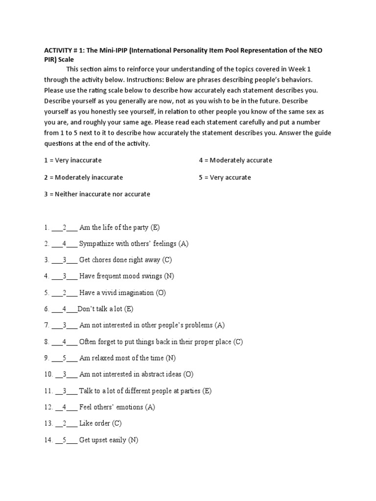 Activity 1 The Mini Ipip Pdf Extraversion And Introversion Human