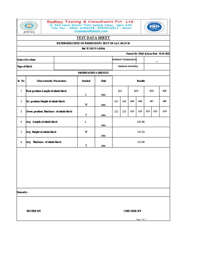 Test Data Sheet: Ref: IS 2185 P-3 - (1984) Format No. F01 (5.4) Issue ...