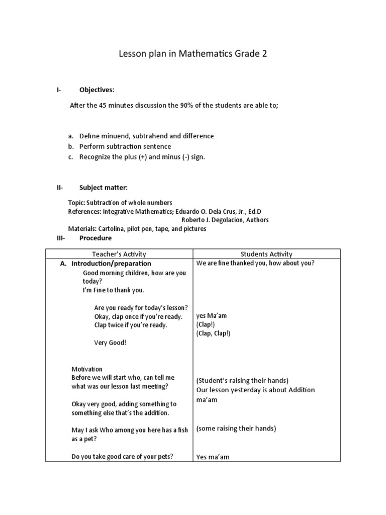 Lesson Plan in Mathematics Grade 2 | PDF | Subtraction | Science