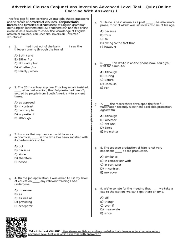 353 - Adverbial Clauses Conjunctions Inversion Advanced Level Test Quiz ...