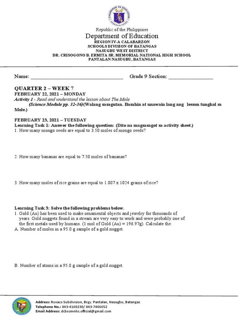 Department of Education: Name: - Grade 9 Section | PDF | Mole (Unit ...
