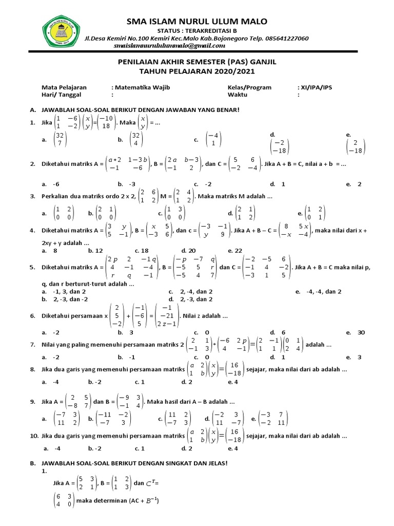 Soal PAS Matematika Kelas XI 2020 | PDF
