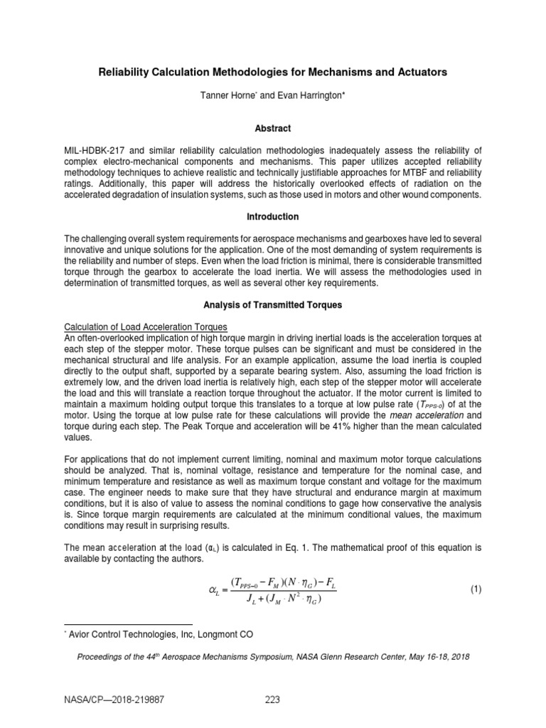 Reliability Calculation Methodologies For Mechanisms and Actuators ...