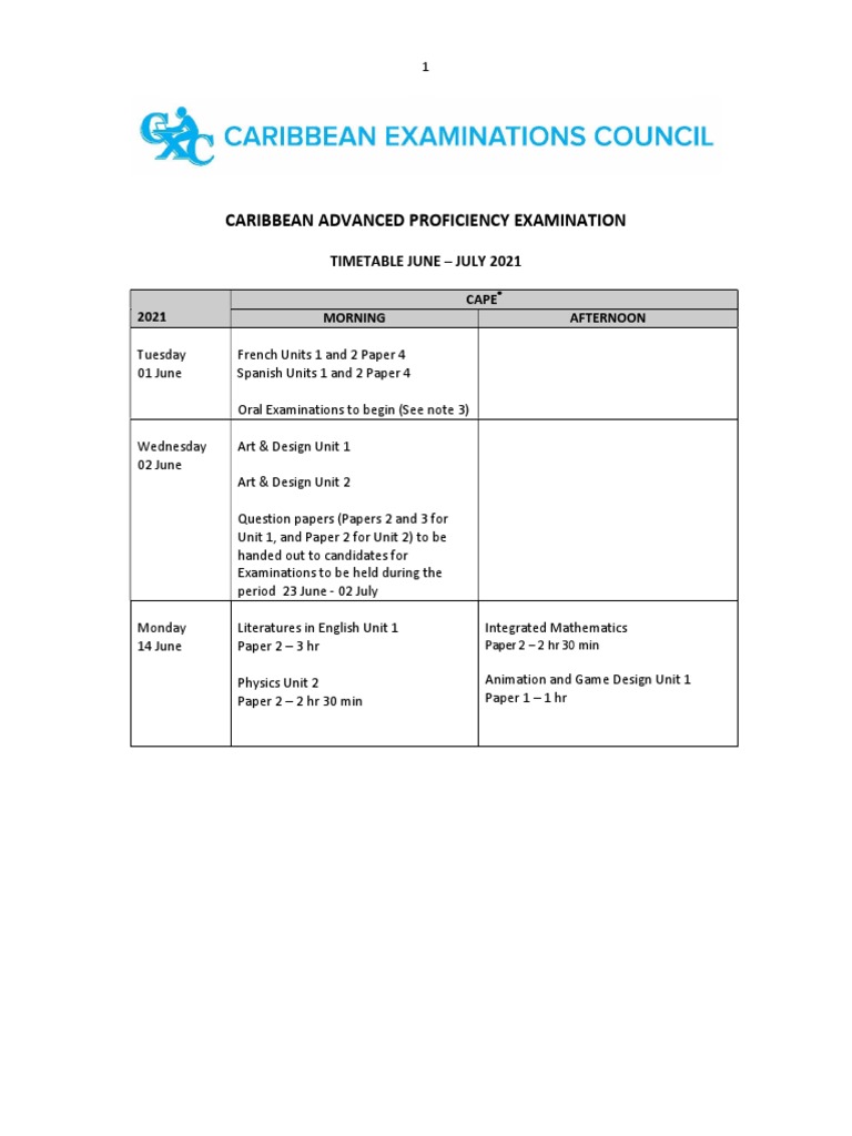 CAPE Timetable June July 2021-Jan262021 | PDF | Engineering | Test ...