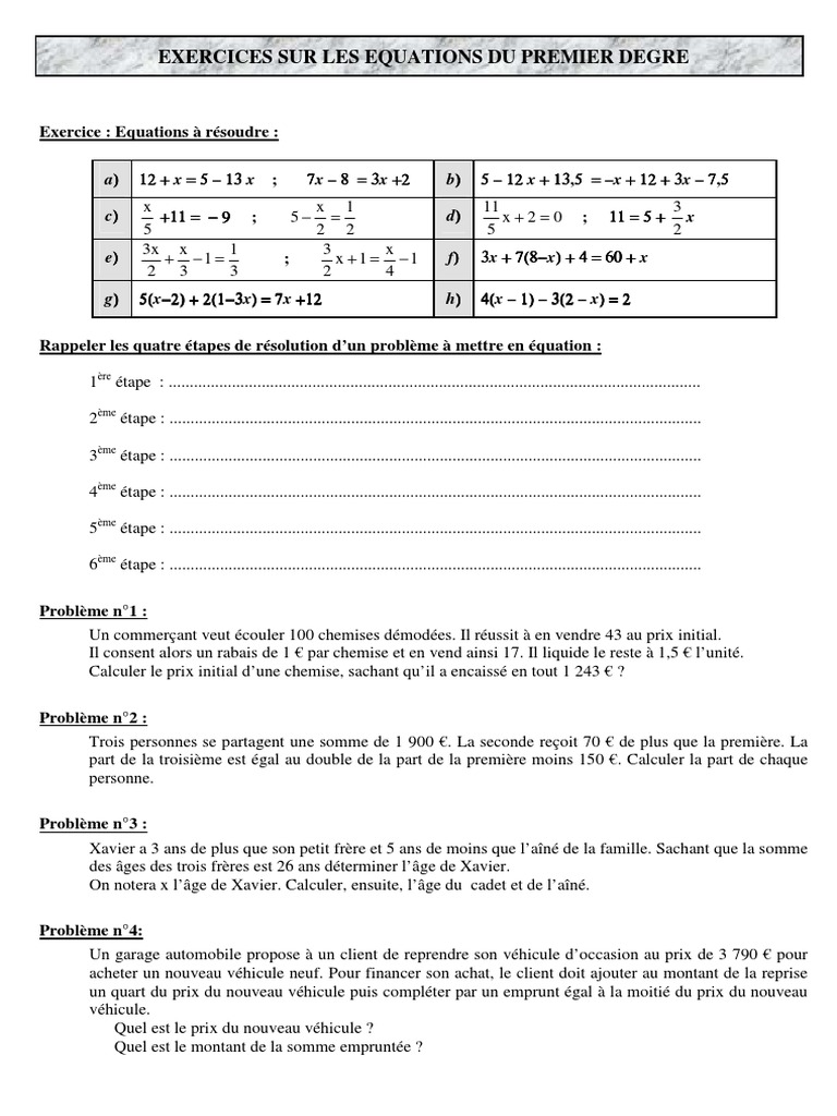 Exercices Et Problemes Sur Les Equations Du Premier Degre | PDF ...