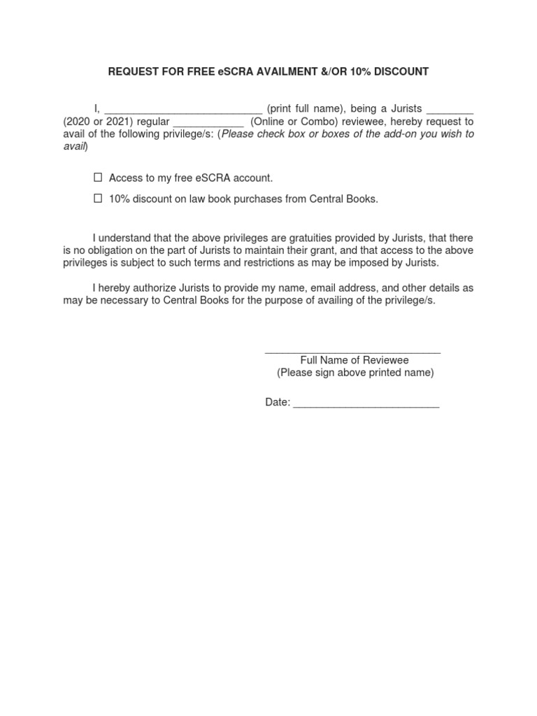 Request Form For Free Escra Availment & 10% Discount | PDF