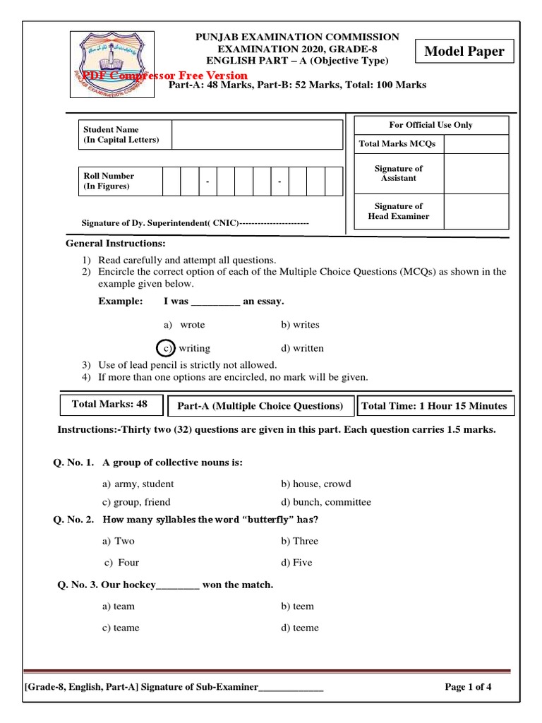 Grade 8 English MCQ Model Paper - Compressed | PDF | Multiple Choice ...
