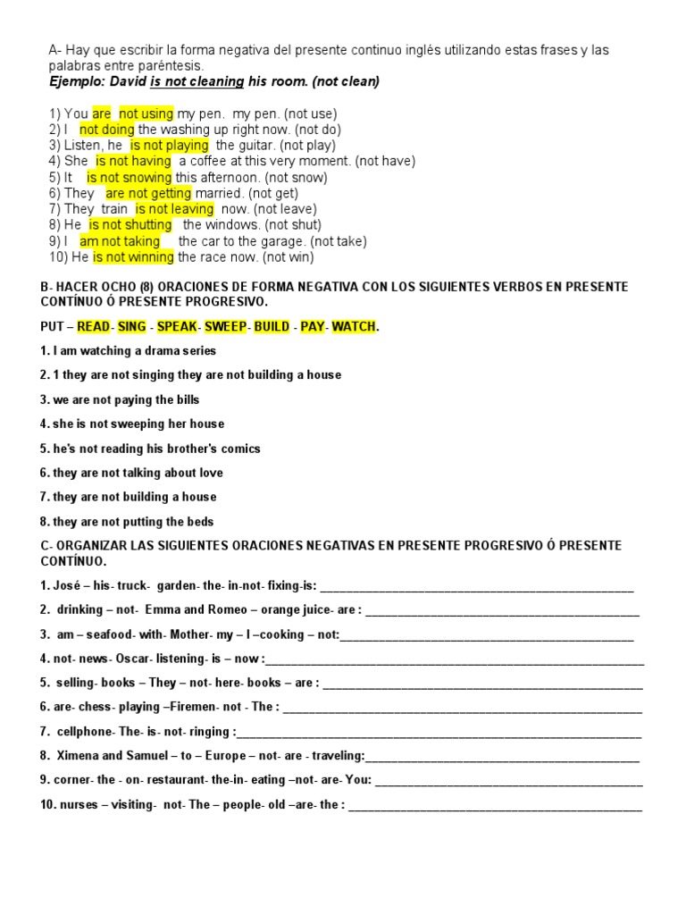 Negatives in Present Progressive WORKSHOP 2 | PDF