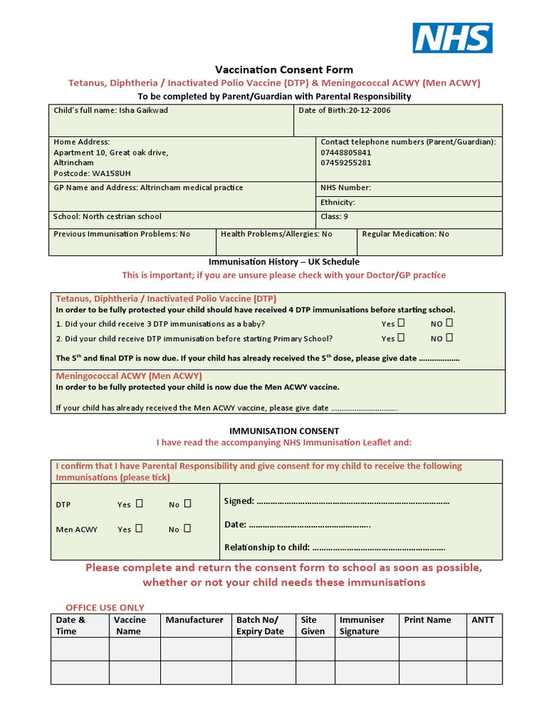 Vaccination Consent Form: Tetanus, Diphtheria / Inactivated Polio ...
