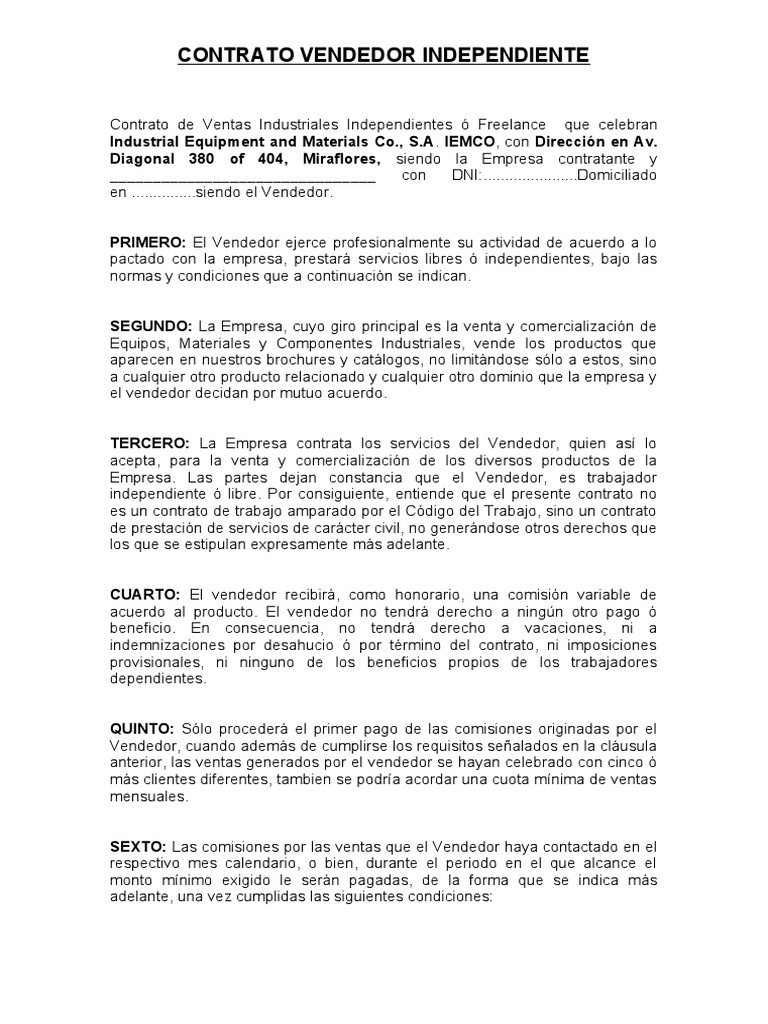 Contrato para Vendedor Independiente 3 | PDF | Empresas | Salario de emisión de contrato