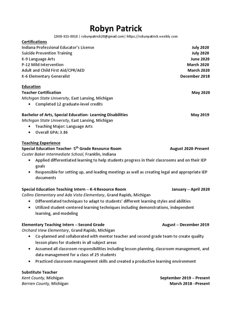 Robyn Patricks Resume | PDF | Special Education | Individualized ...