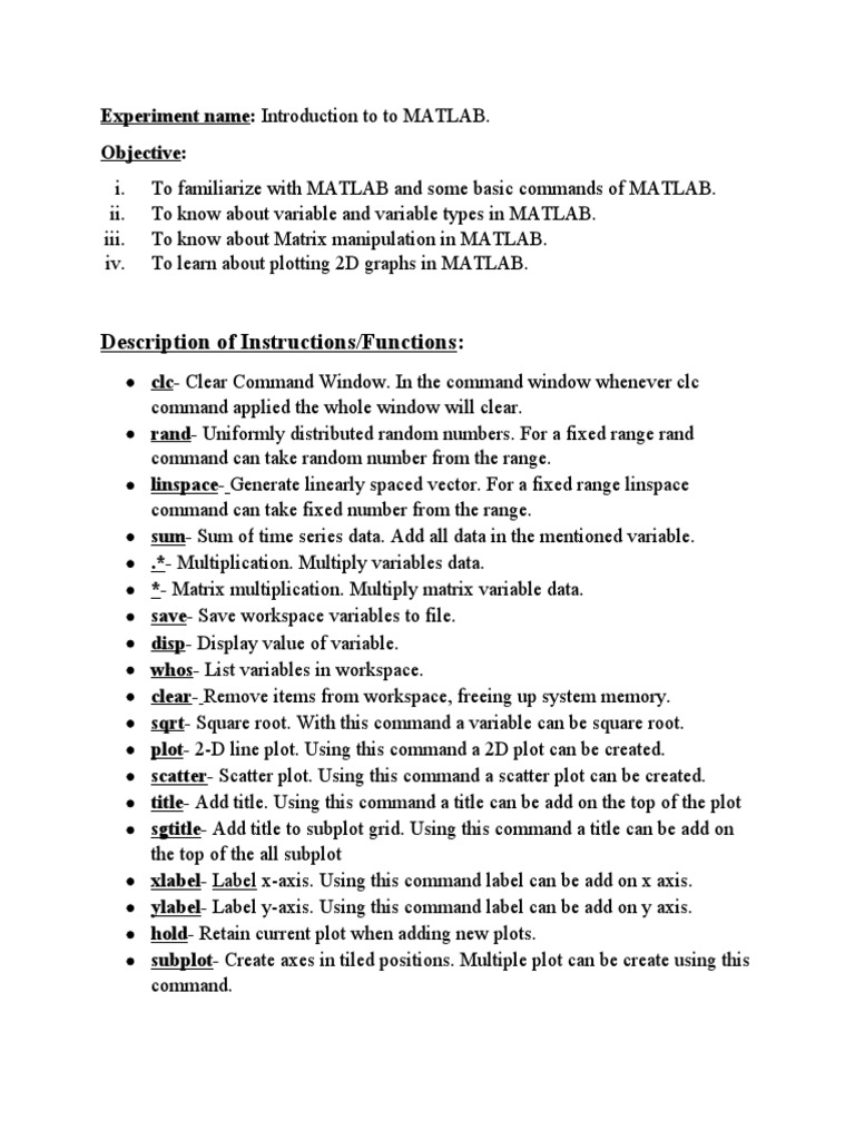 Introduction To Variable and Plot in MATLAB. | PDF | Matlab | Matrix ...