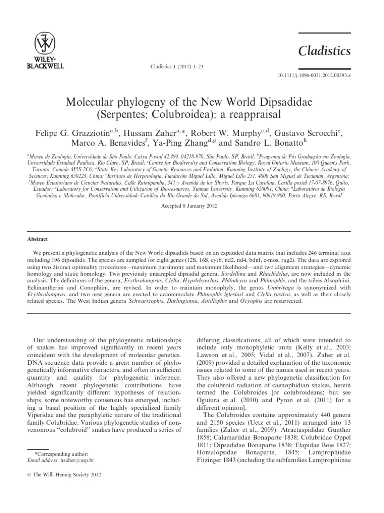 Cladistics: Molecular Phylogeny of The New World Dipsadidae (Serpentes ...