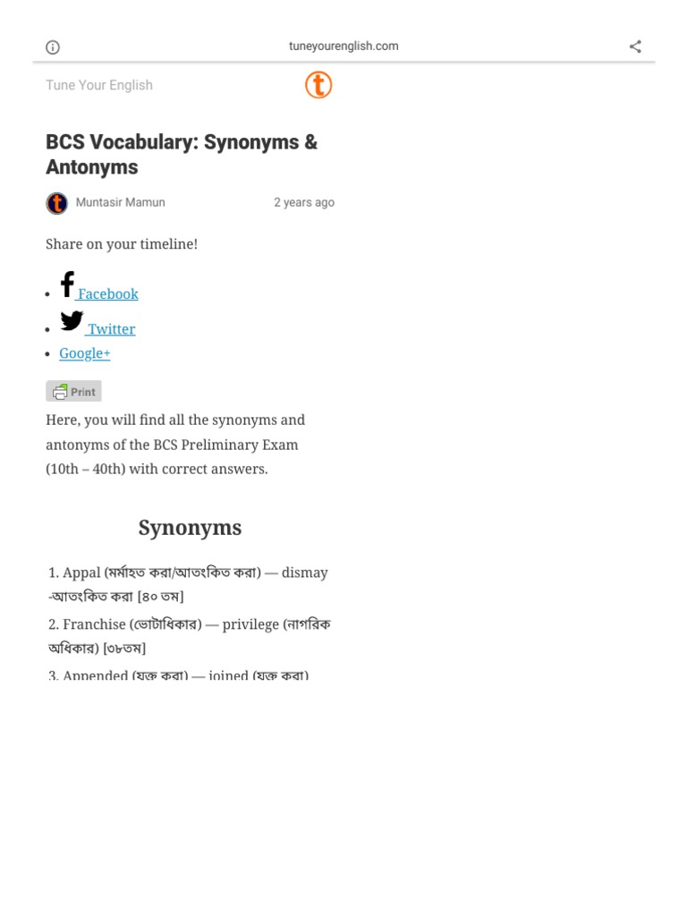 BCS Vocabulary - Synonyms & Antonyms (10th - 40th) - Tune Your English ...
