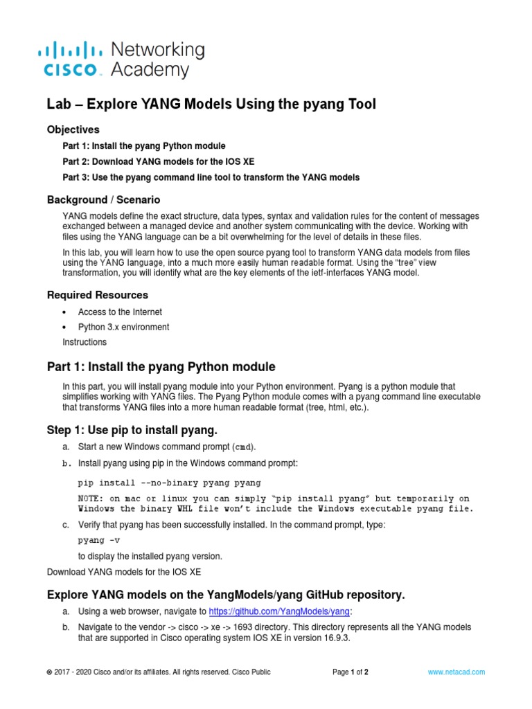 2.3 Lab - Explore YANG Models Using The Pyang Tool | PDF | Command Line Interface | File Format