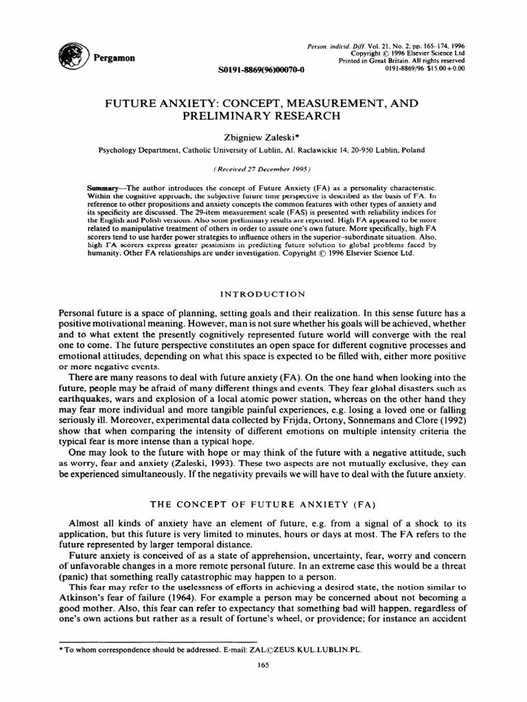 Future Anxiety: Concept, Measurement, AND Preliminary Research | PDF ...