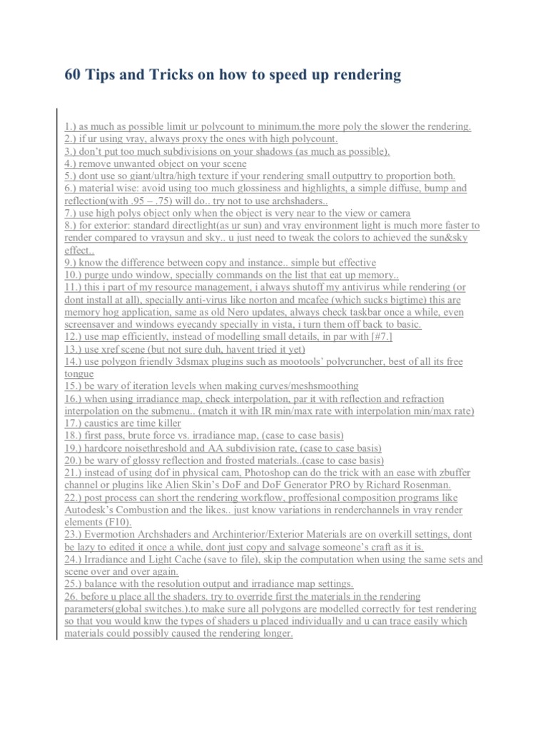 60 Tips and Tricks On How To Speed Up Rendering | PDF | Rendering ...