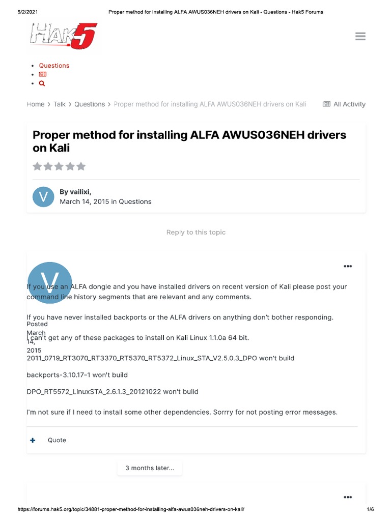 Proper Method For Installing ALFA AWUS036NEH Drivers On Kali | PDF