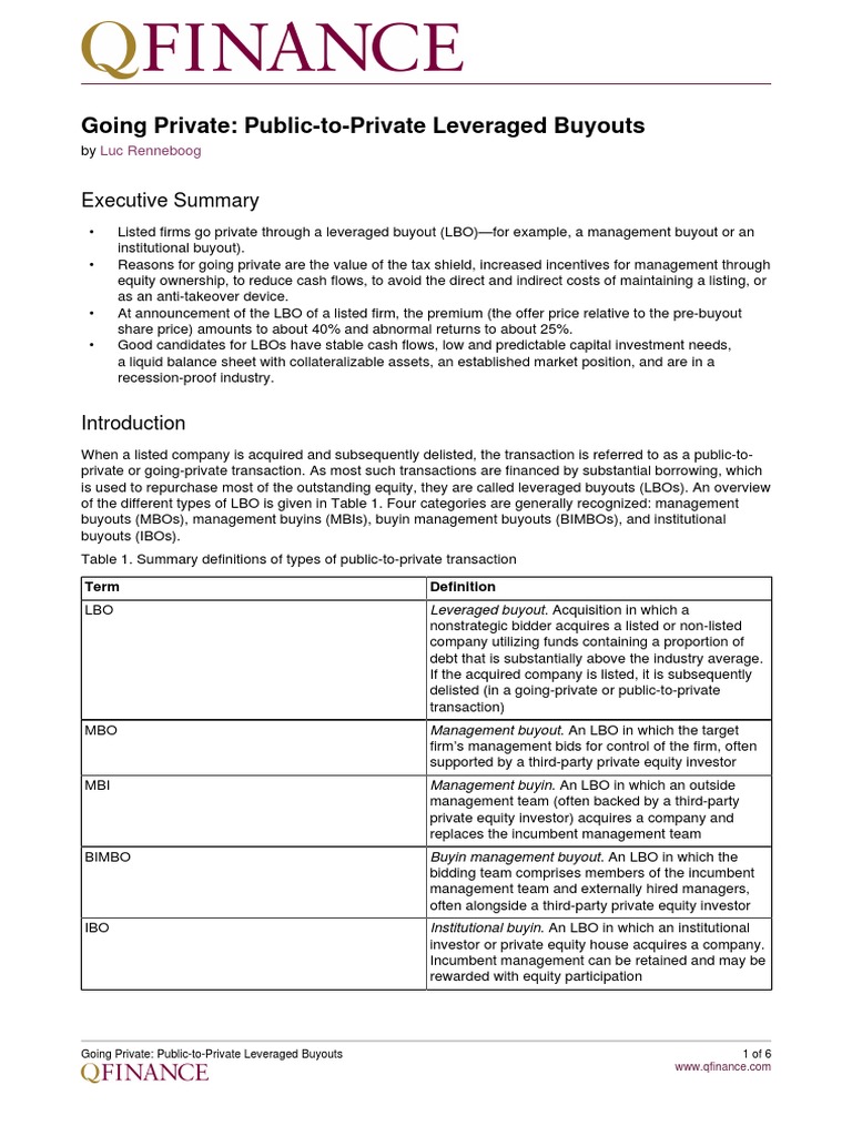 Going Private: Public-to-Private Leveraged Buyouts: Executive Summary ...