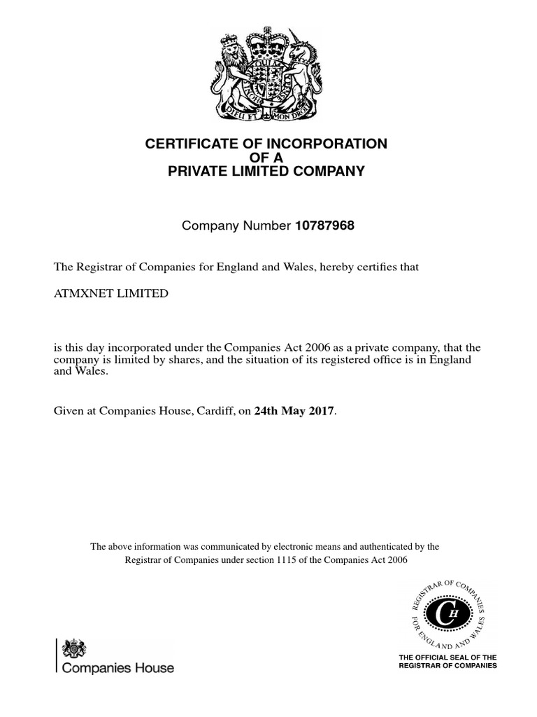 Company Registration certificate-UK | PDF