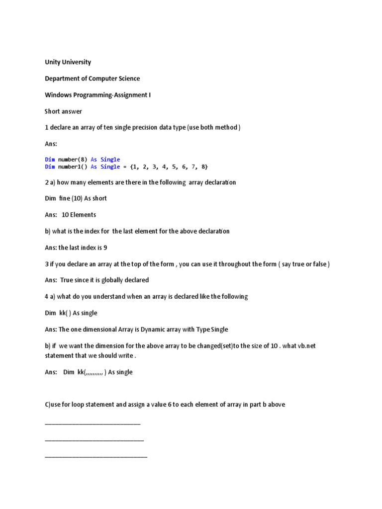 Visual Basic Assignment On Array Pdf Visual Basic Net Array Data Structure 7454