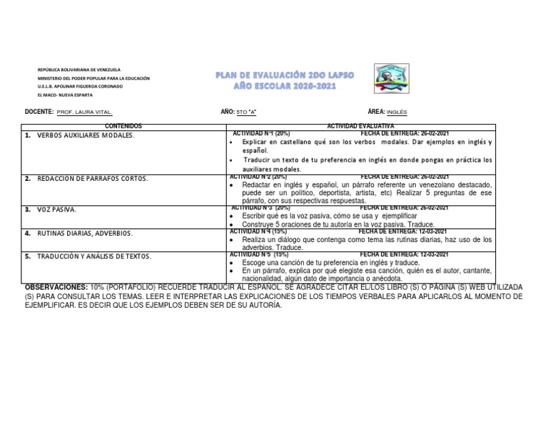 Plan de Evaluación 5to Año 2do Lapso Ingles | PDF | Gramática | Lingüística