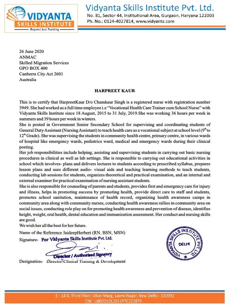 Nurse Experience Certificate for Harpreet Kaur | PDF