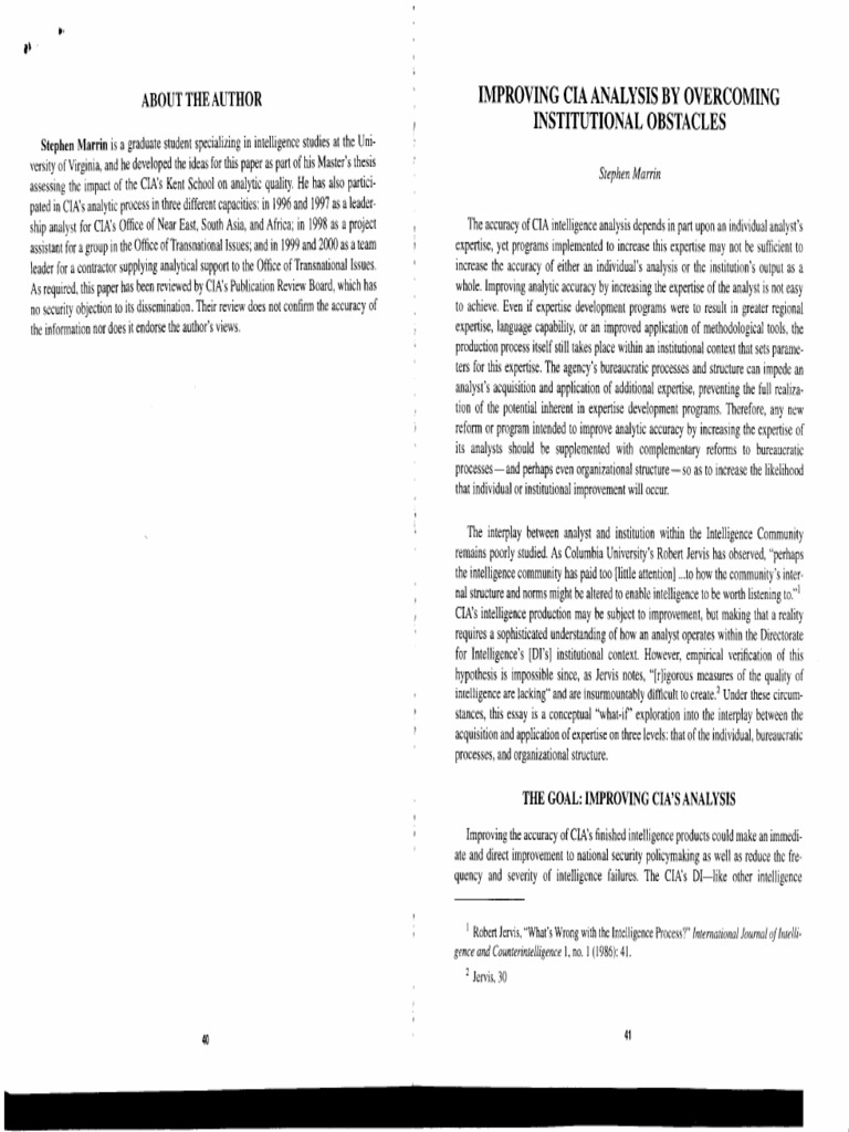 Marrin - Improving CIA Analysis by Overcoming Institutional Obstacles - 2003 | PDF ...