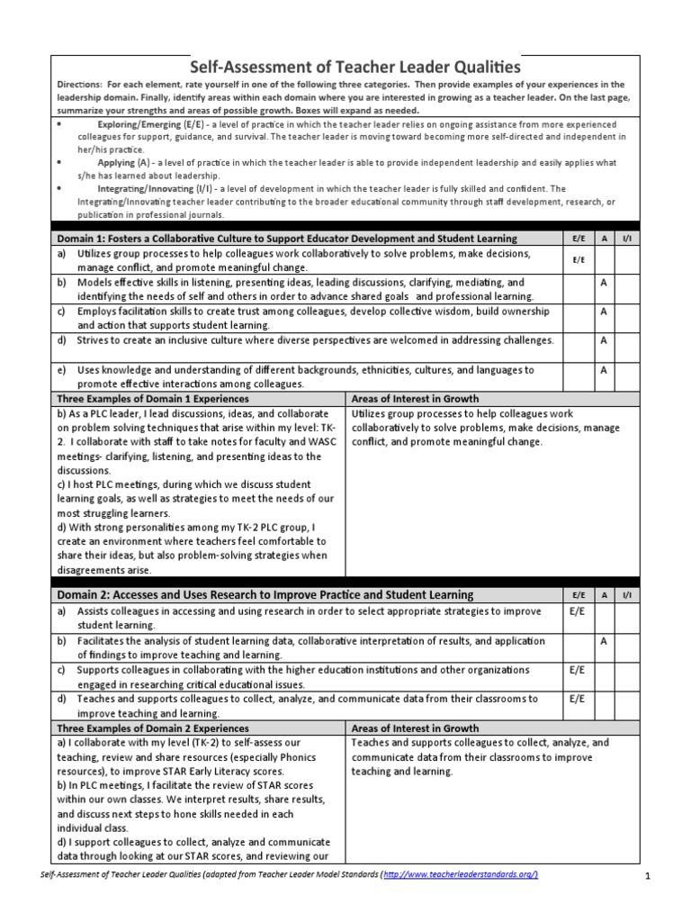 Self-Assessment of Teacher Leader Qualities | PDF | Leadership ...