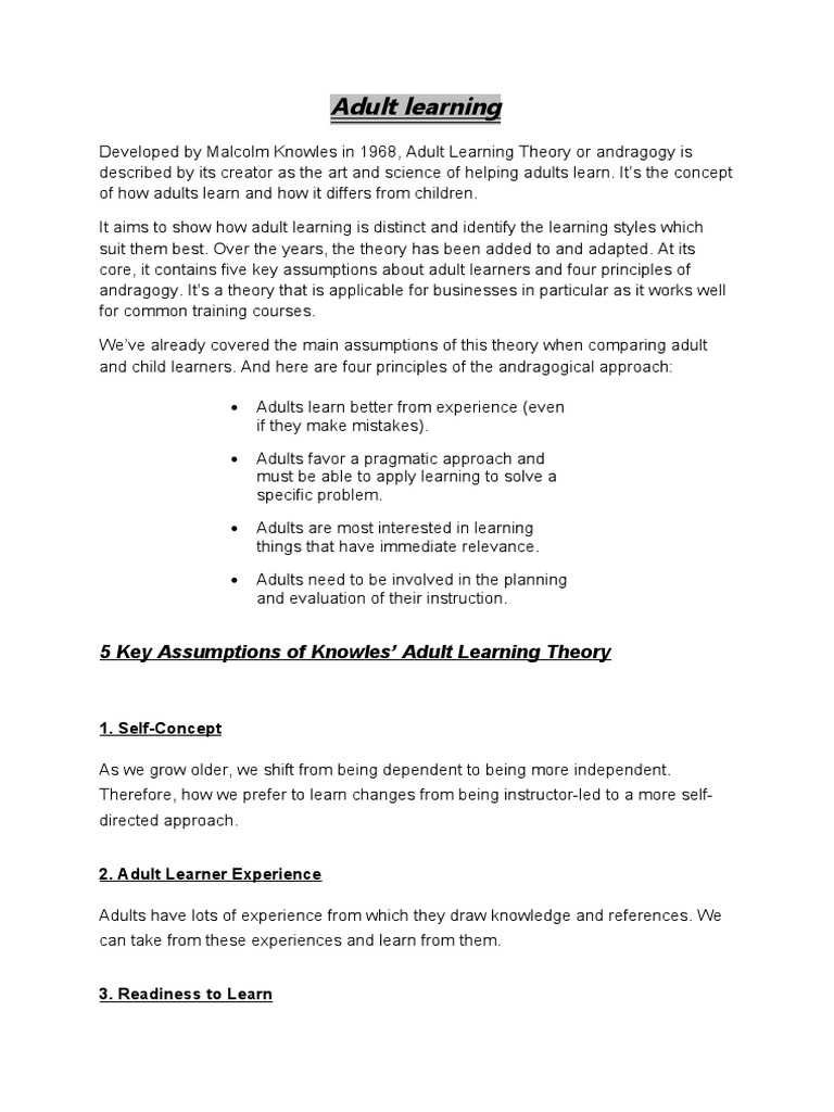 5 Key Assumptions of Knowles' Adult Learning Theory | PDF | Adult ...