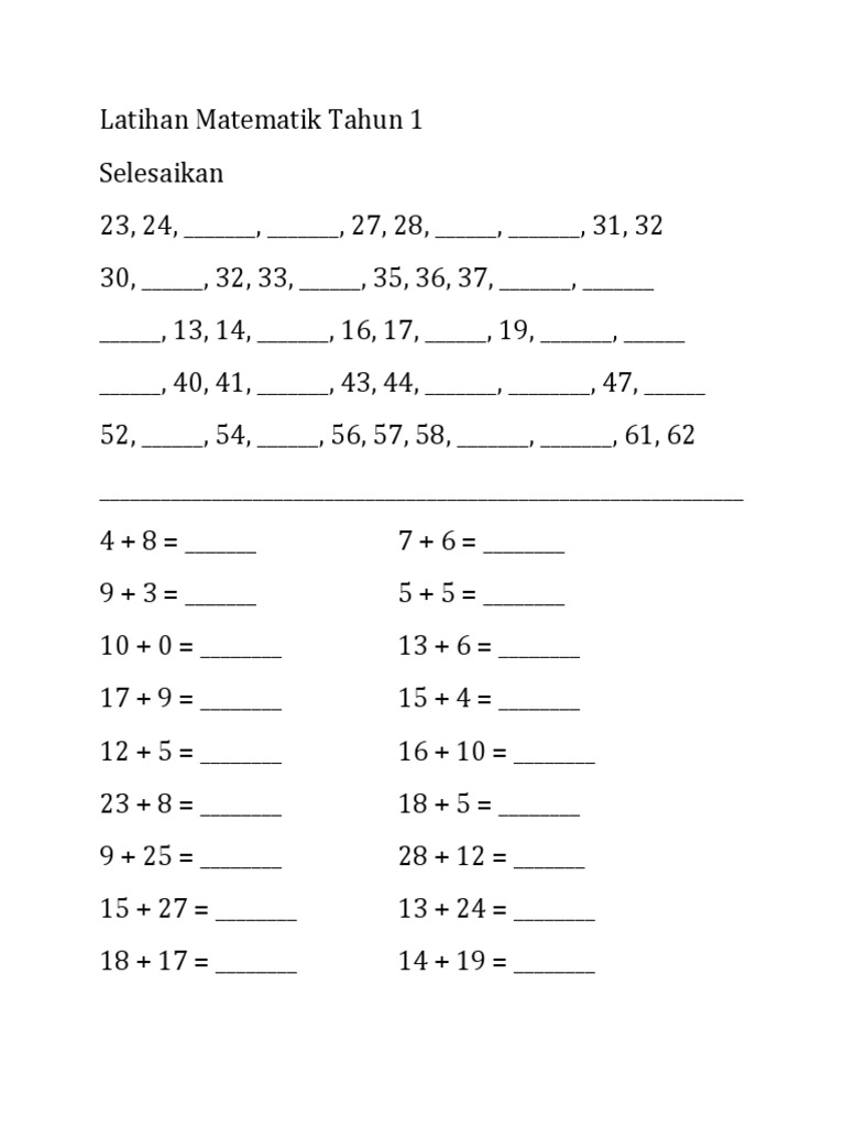 Latihan Matematik Tahun 1 | PDF