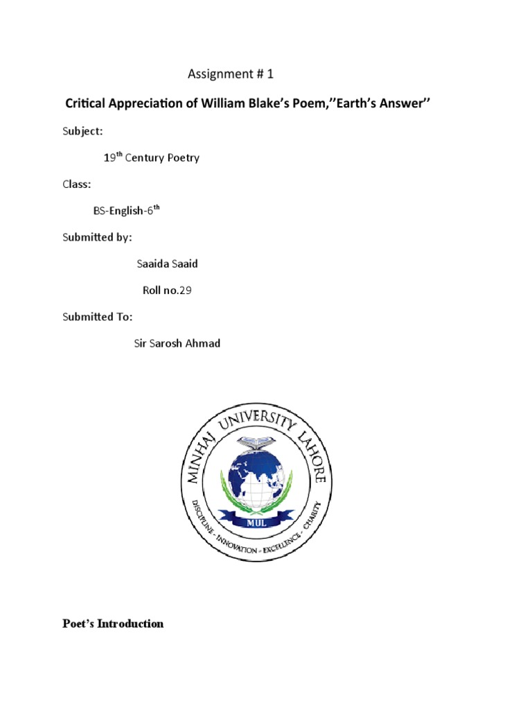 Critical Analysis of Blake's "Earth's Answer" | PDF | William Blake ...