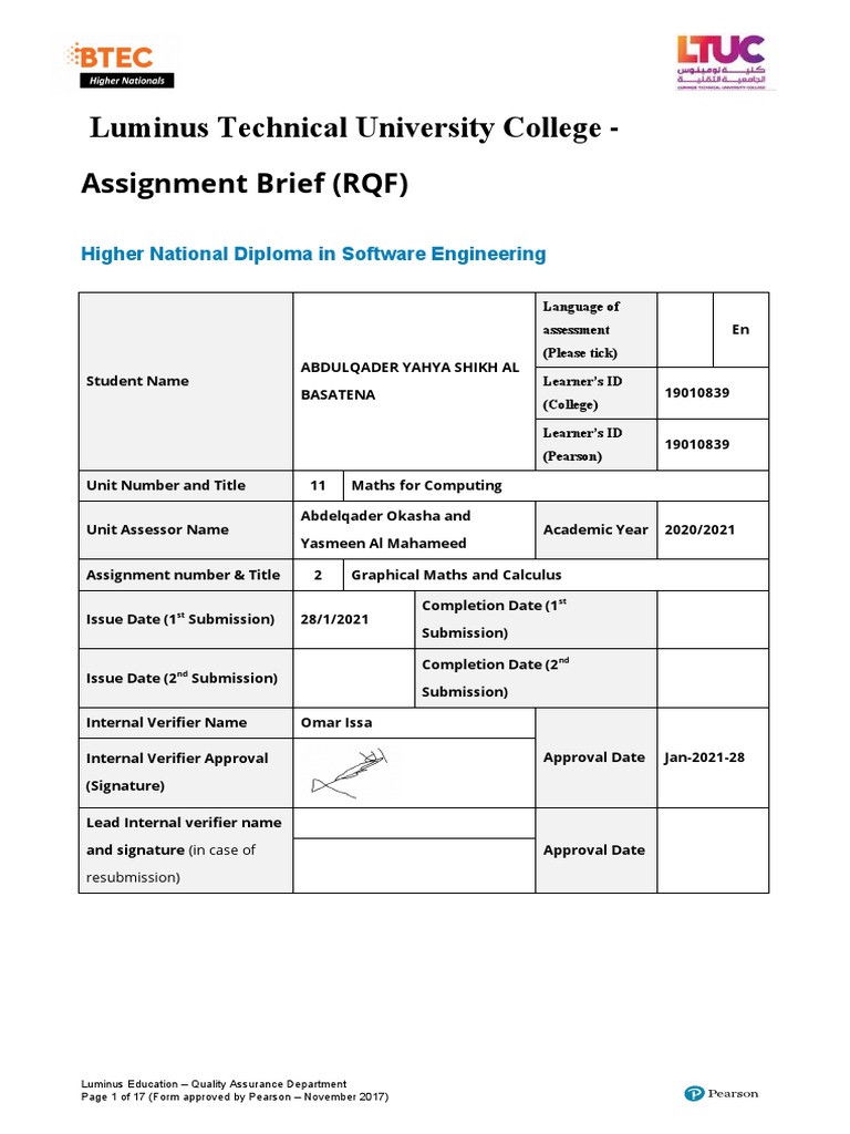 Luminus Technical University College: - Assignment Brief (RQF) | Download Free PDF | Derivative ...