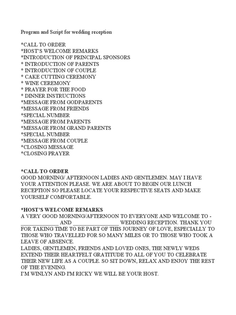Program and Script For Wedding Reception Feb 13, 2021 | PDF | Godparent ...