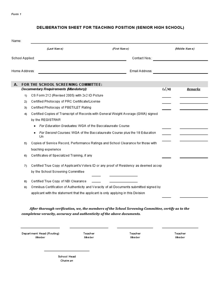 Deliberation Sheet For Teaching Position (Senior HS) - Form 1 | PDF