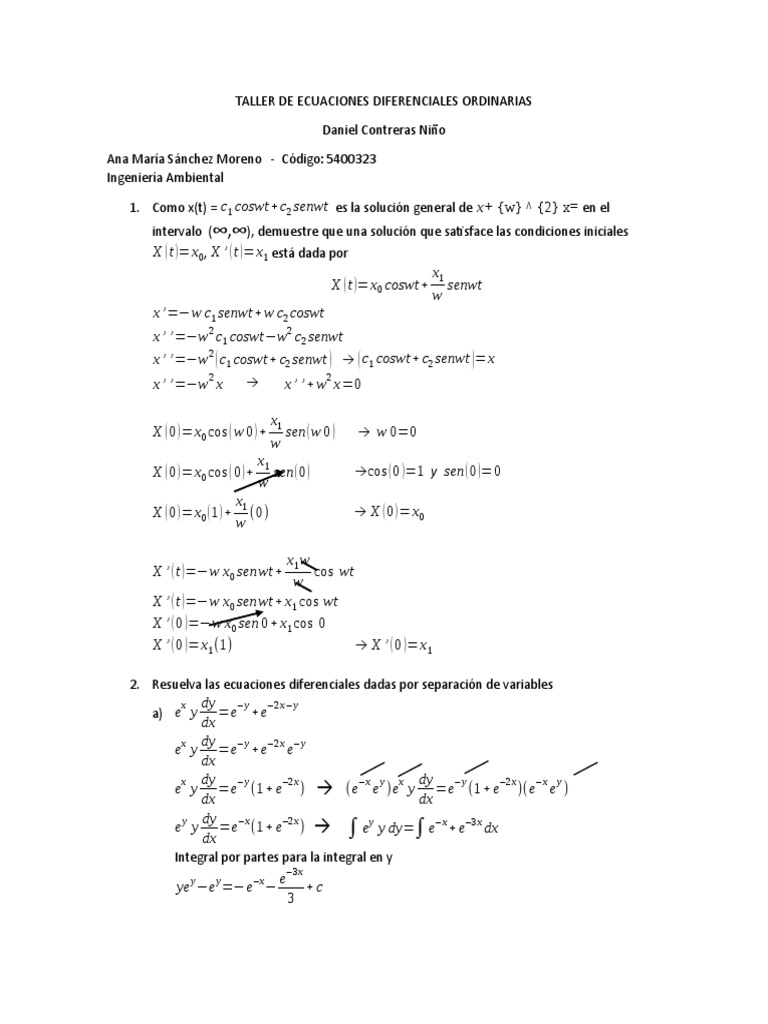 Taller 1 de Ecuaciones Diferenciales Ordinarias | PDF | Calculo ...