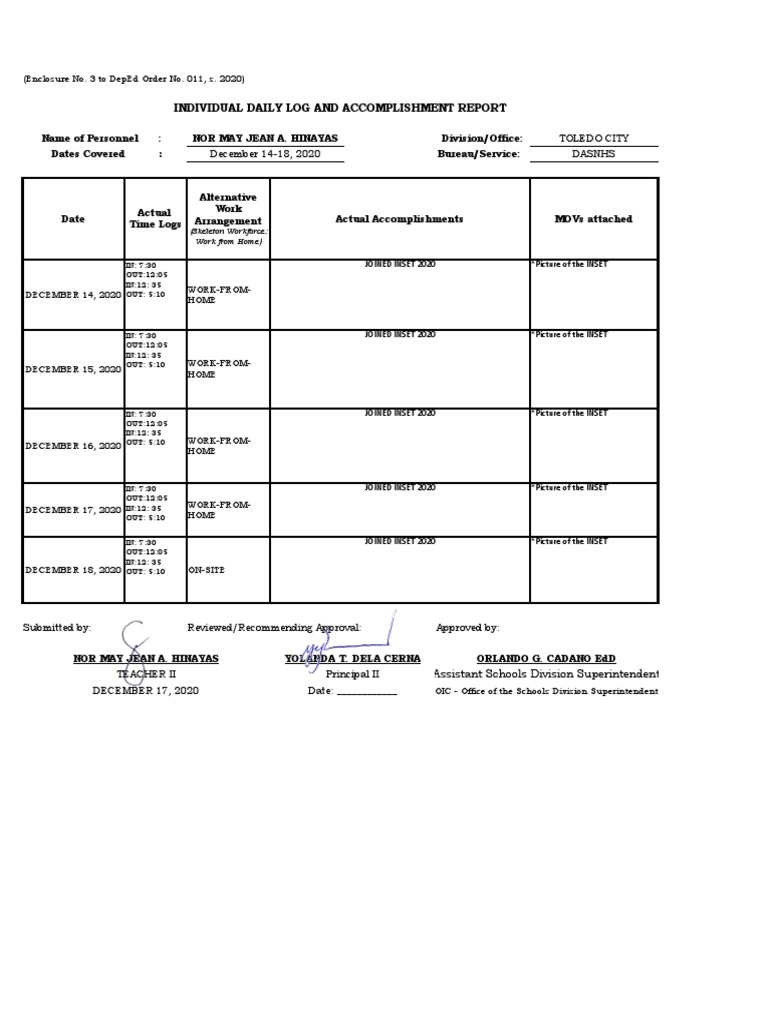Individual Daily Log and Accomplishment Report | PDF | Workweek And ...