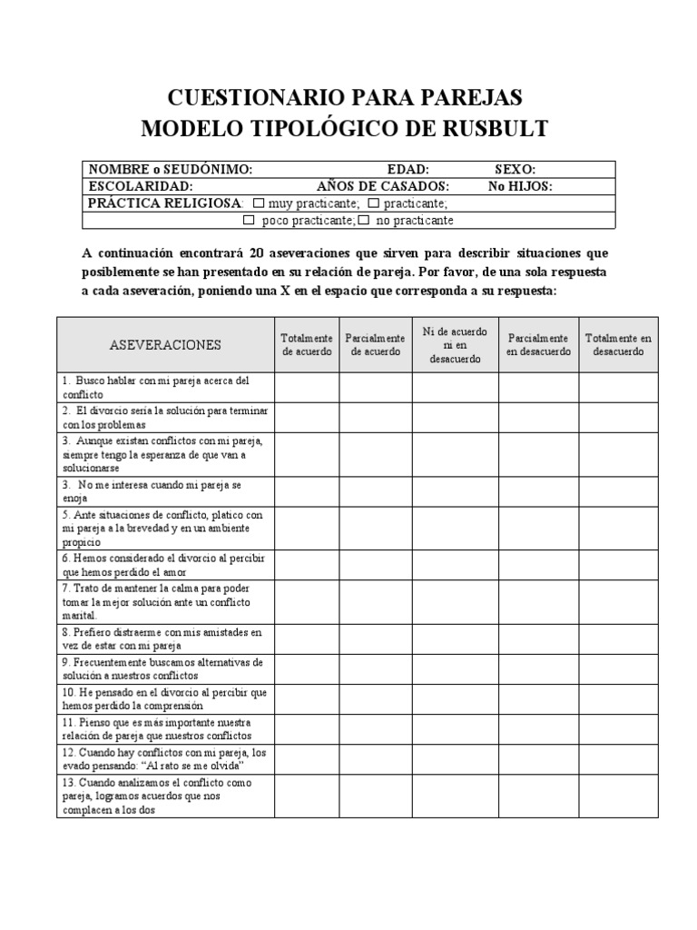 Rusbult - Cuestionario para Parejas | PDF | Divorcio | Science