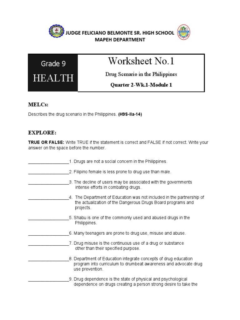Health: Worksheet No.1 | PDF | Substance Abuse | Psychoactive Drugs