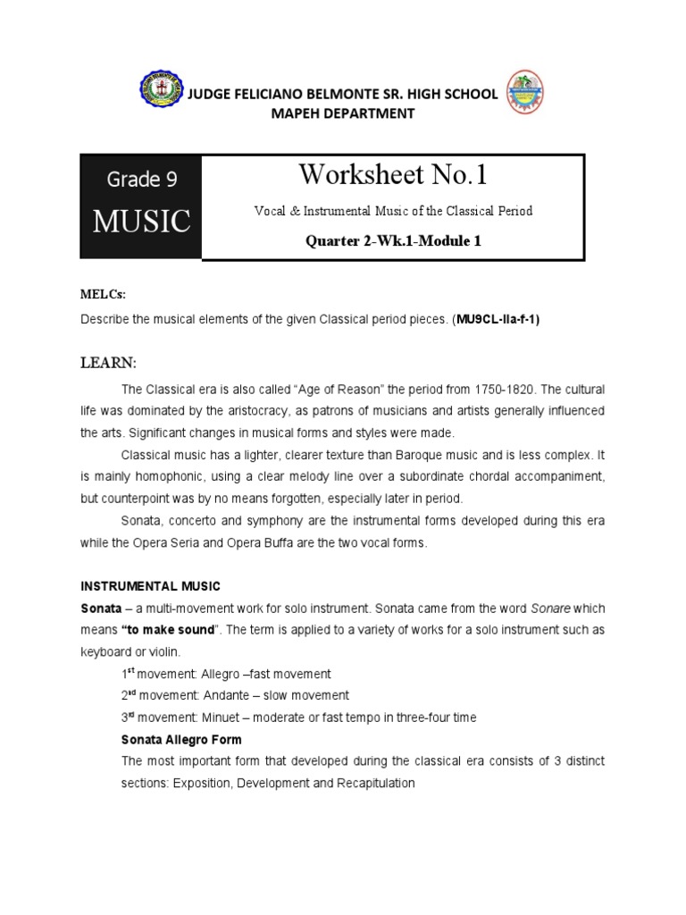 Music: Worksheet No.1 | PDF | Classical Period (Music) | Opera