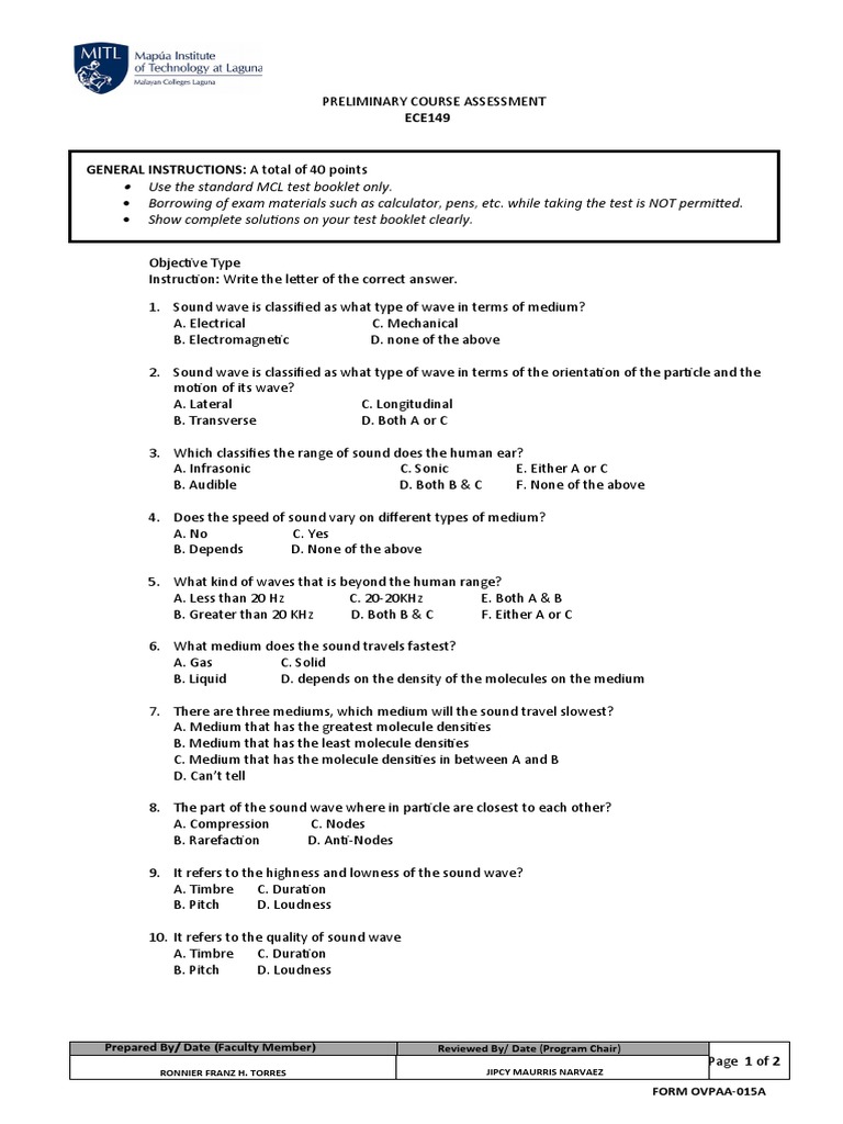 Use The Standard MCL Test Booklet Only.: Prepared By/ Date (Faculty ...