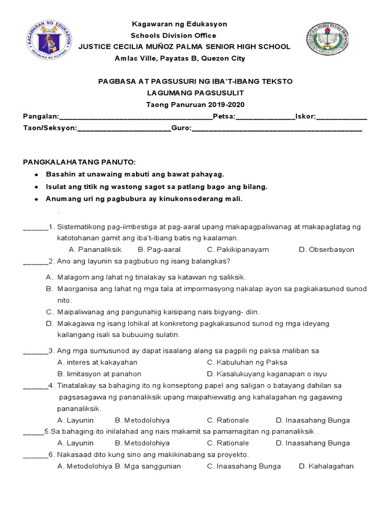 Lagumang Pagsusulit - Pagbasa at Pagsusuri NG Teksto | PDF