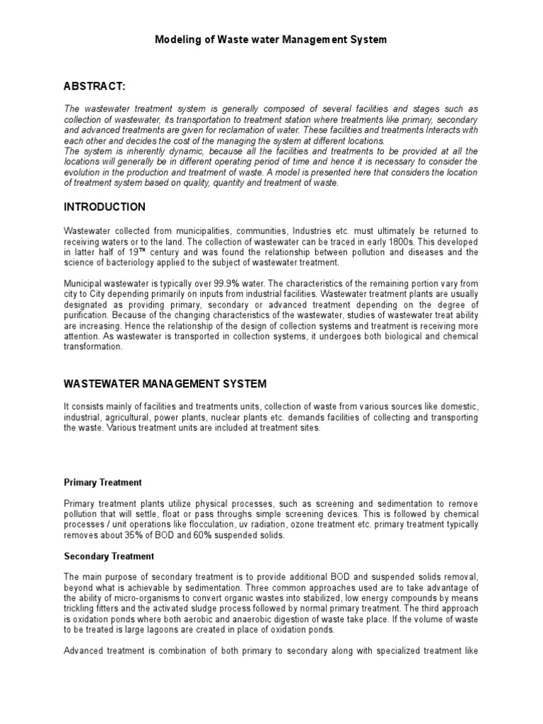 Wastewater Management System Modeling | PDF | Sewage Treatment | Wastewater