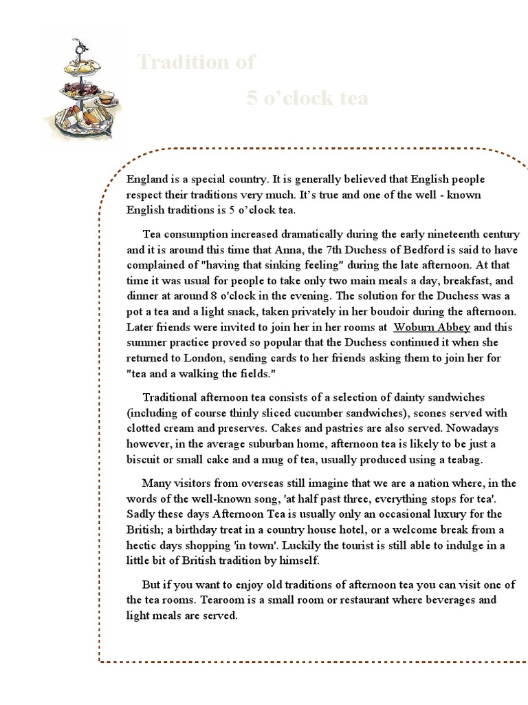 Tradition of 5 Oclock Tea Reading Comprehension Exercises Tests ...