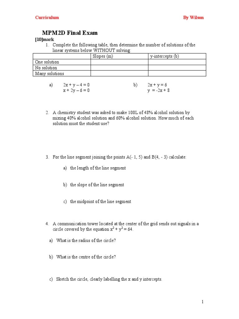 MPM2D Final Exam: (10) Mark | PDF | Teaching Mathematics | Mathematical ...