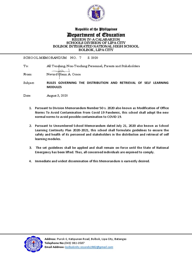 School Memo Distribution and Retrieval of The Self Learning Modules ...